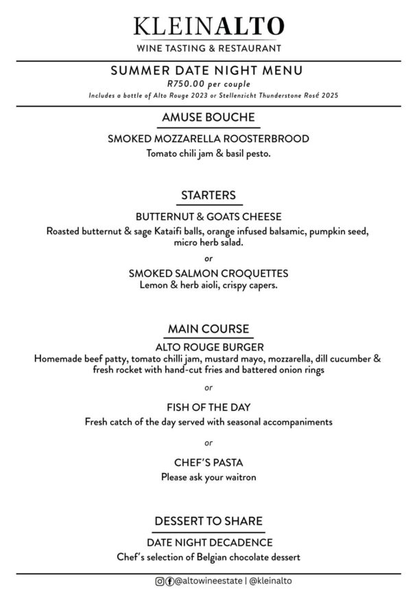 Enjoy a fantastic Date Night Dinner & Wine Special at Klein Alto