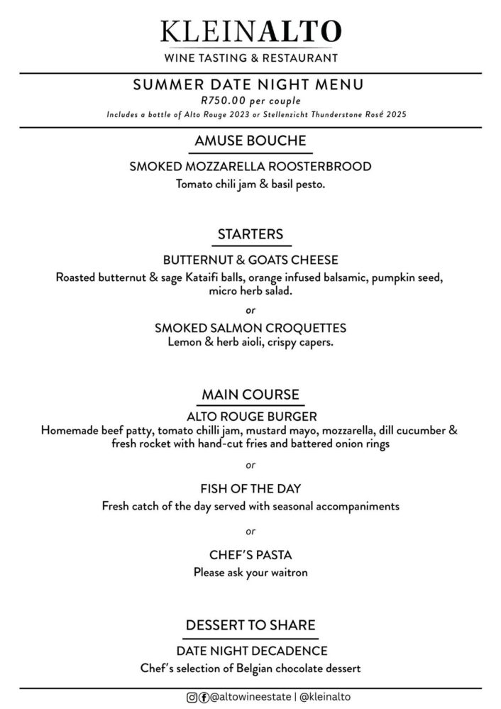 Enjoy a fantastic Date Night Dinner & Wine Special at Klein Alto