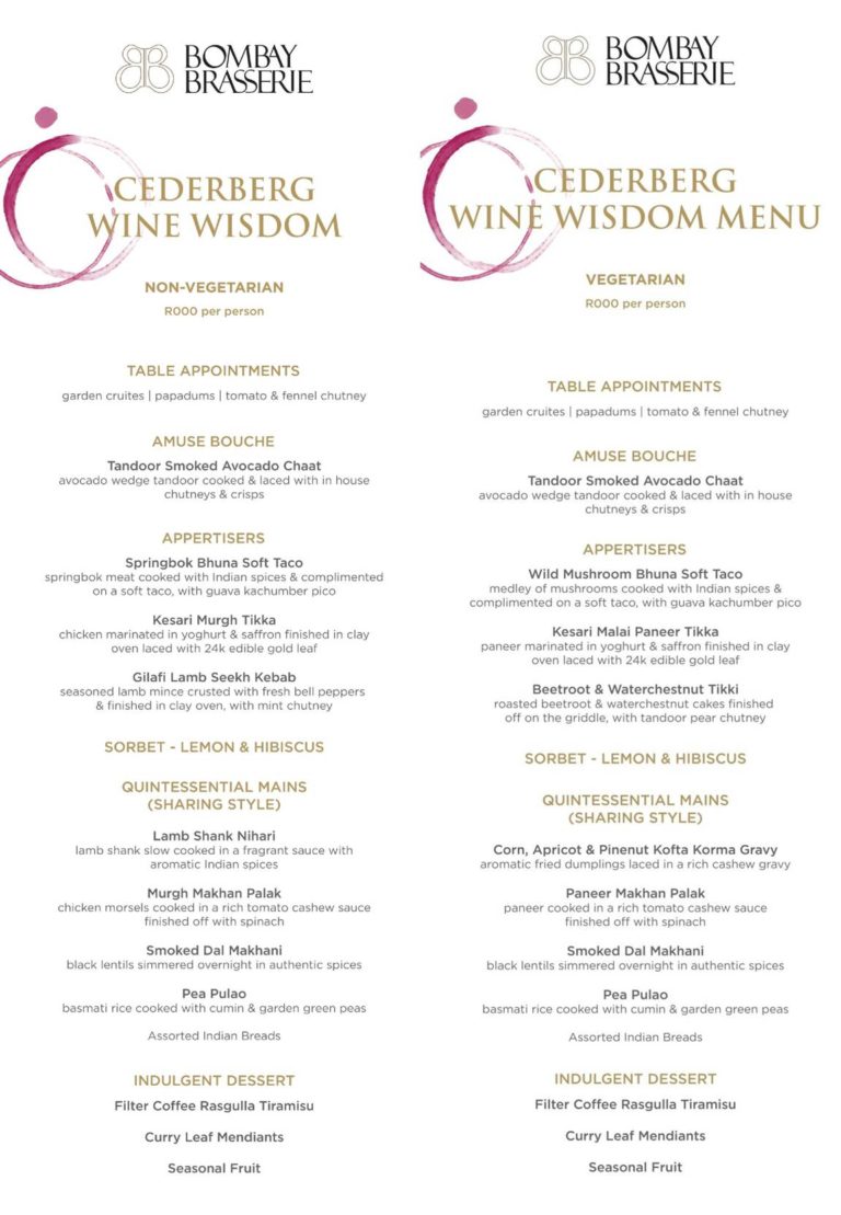 Bombay Brasserie & Cederberg Wines unite for a Wine Wisdom Dinner ...